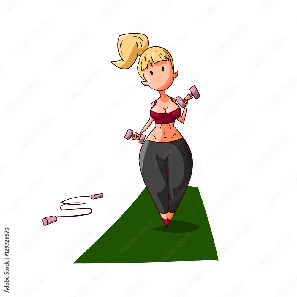 Colorful vector illustration of a cute cartoon fitness girl training in ...