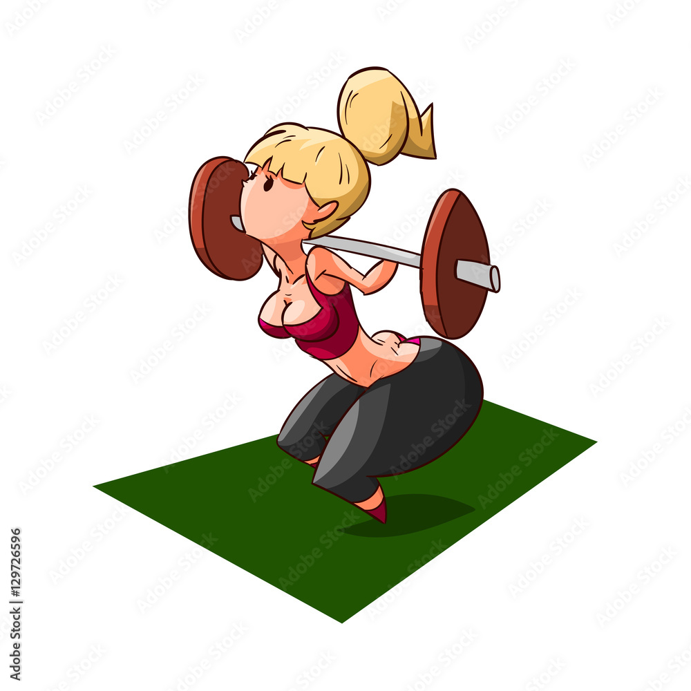 Colorful vector illustration of a cute cartoon fitness girl training in ...