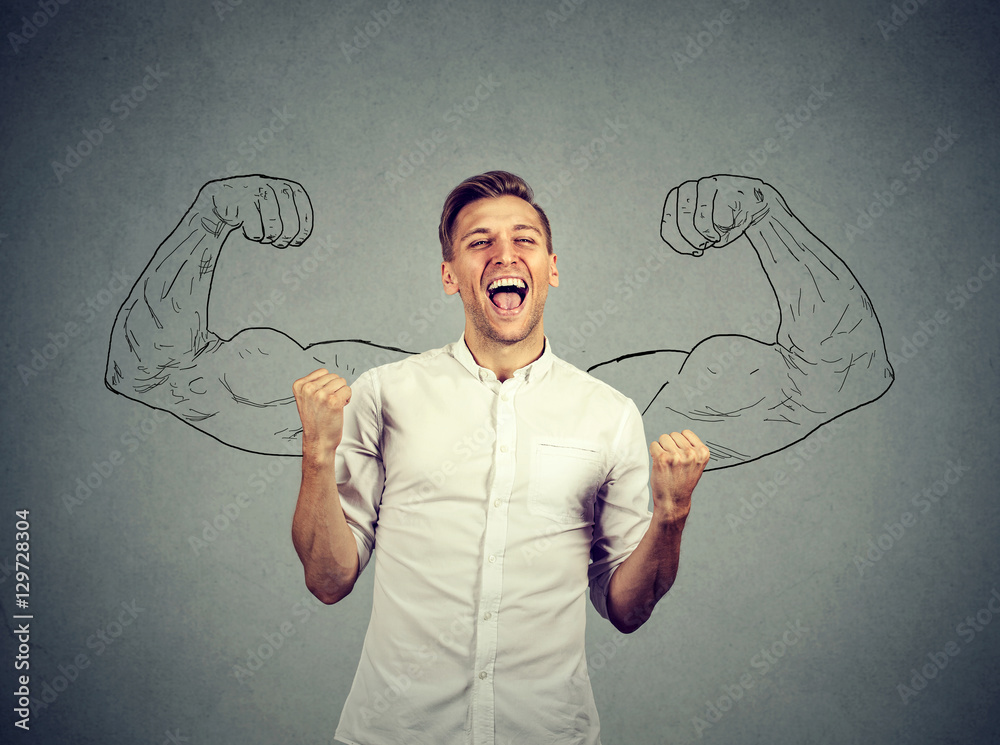 Successful man winning fists pumped celebrating success flexing muscles ...