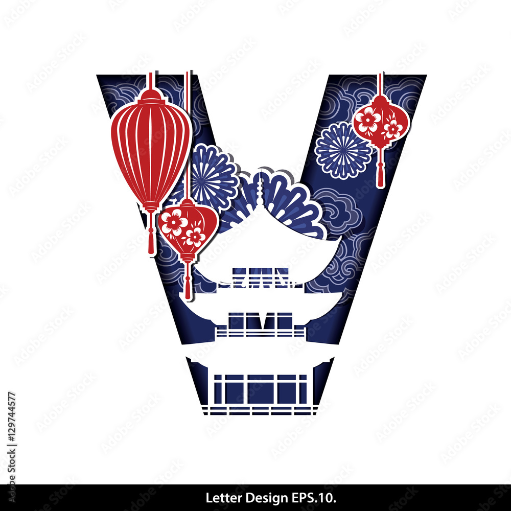 Vector of Oriental style alphabet tape V with Traditional Chinese motif ...