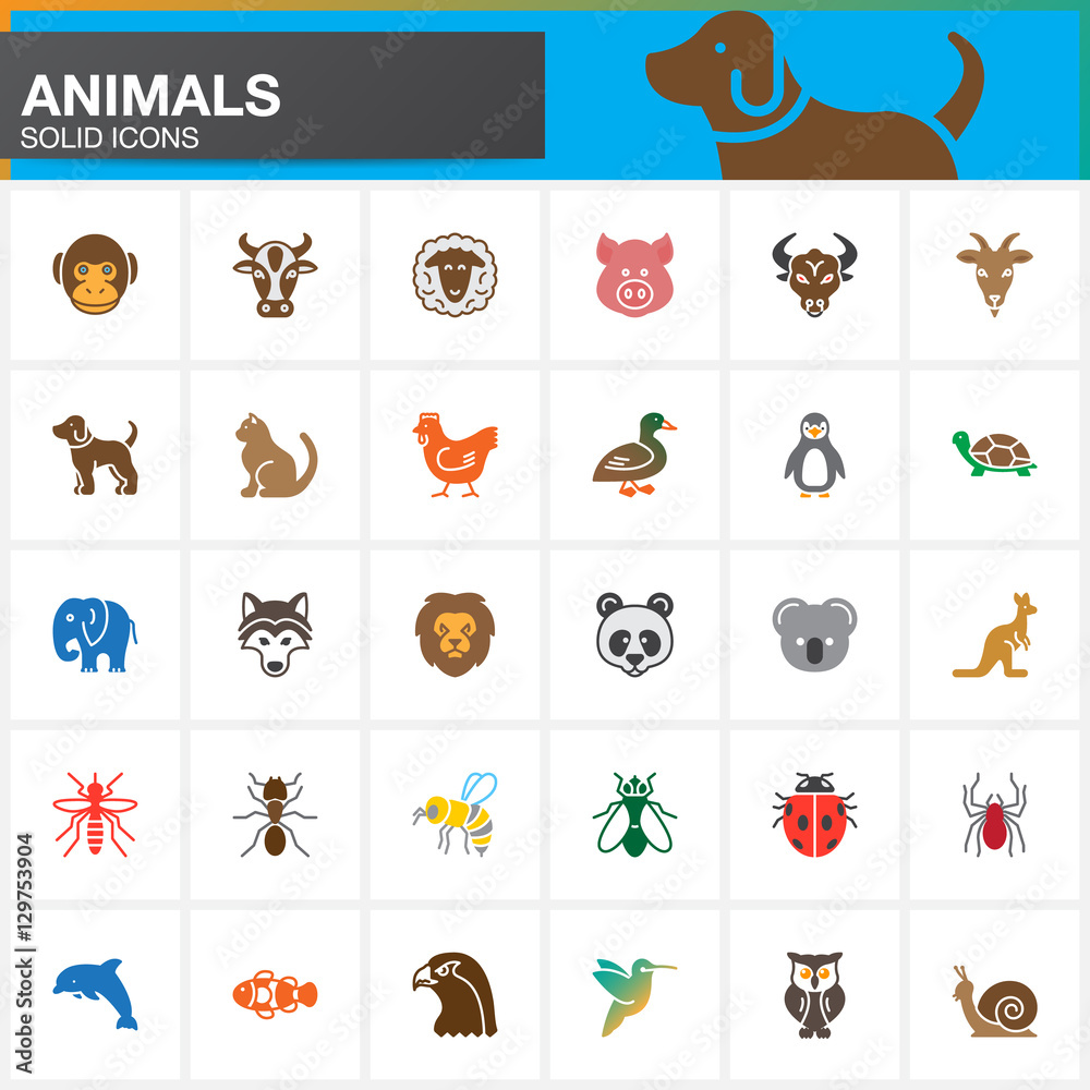 Animals vector icons set, modern solid symbol collection, filled ...