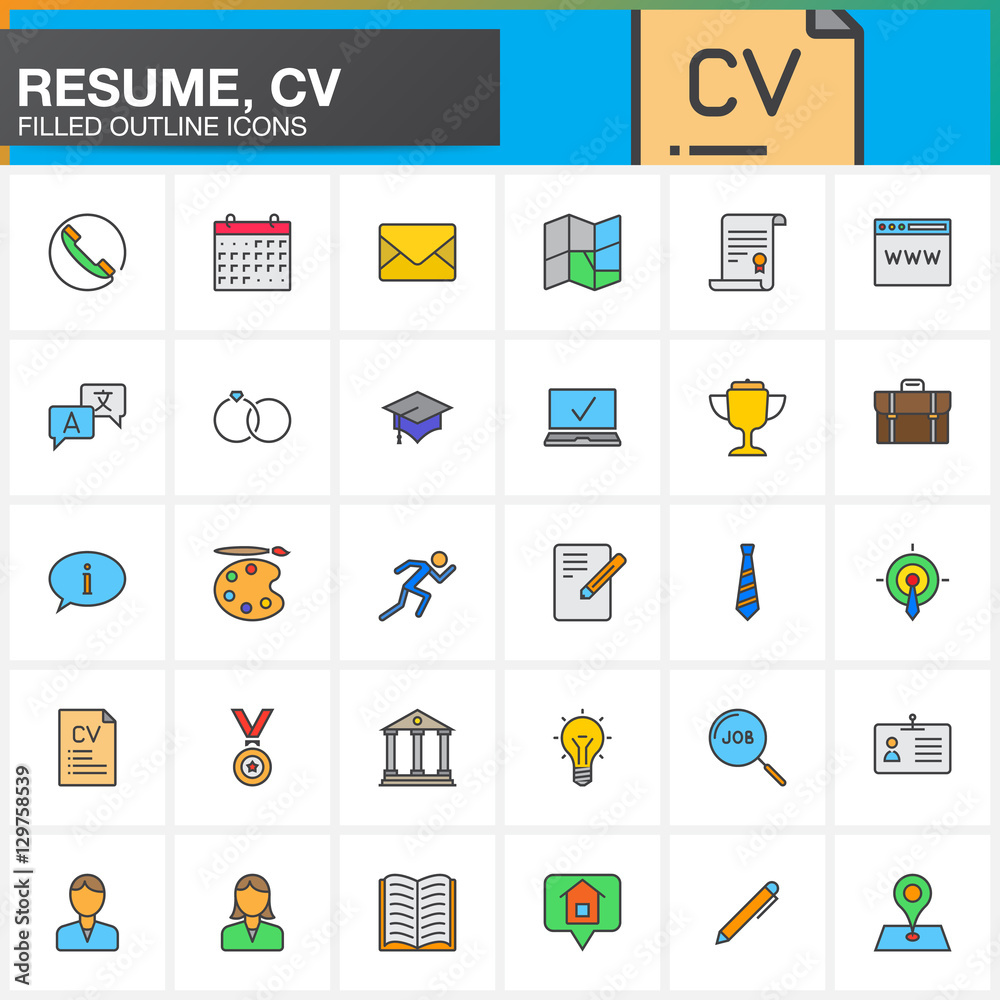 Line Icons set for Resume or CV. Filled outline vector symbol ...