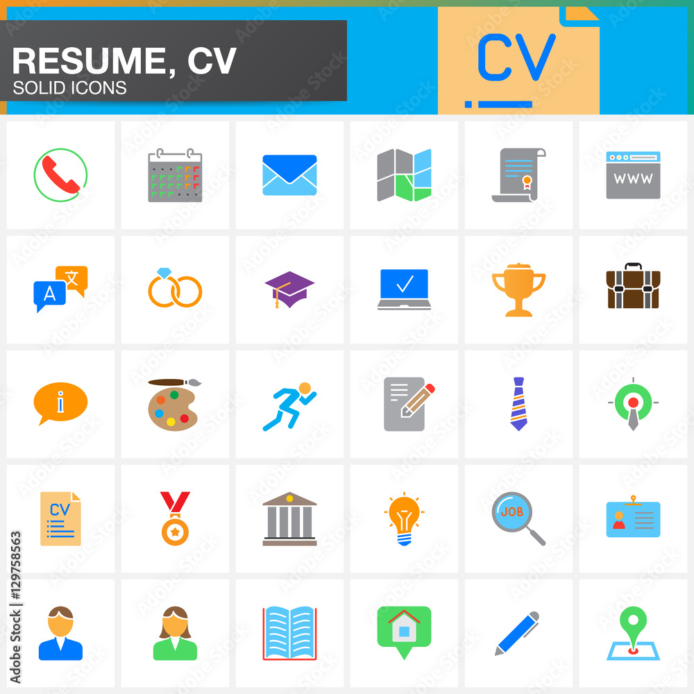 Vector icons set for Resume or CV. Modern solid symbol collection ...