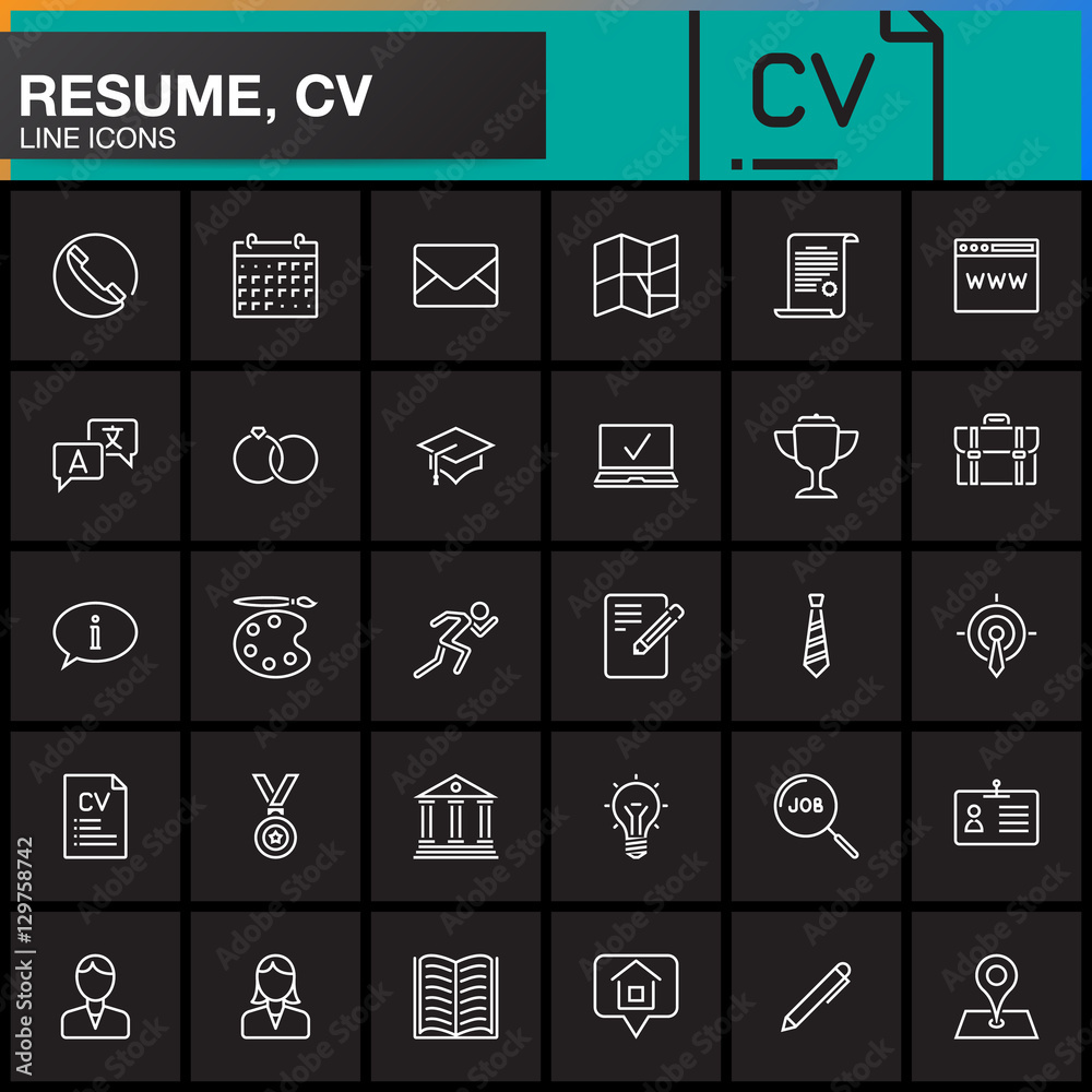 Line Icons set for Resume or CV. Outline vector symbol collection ...