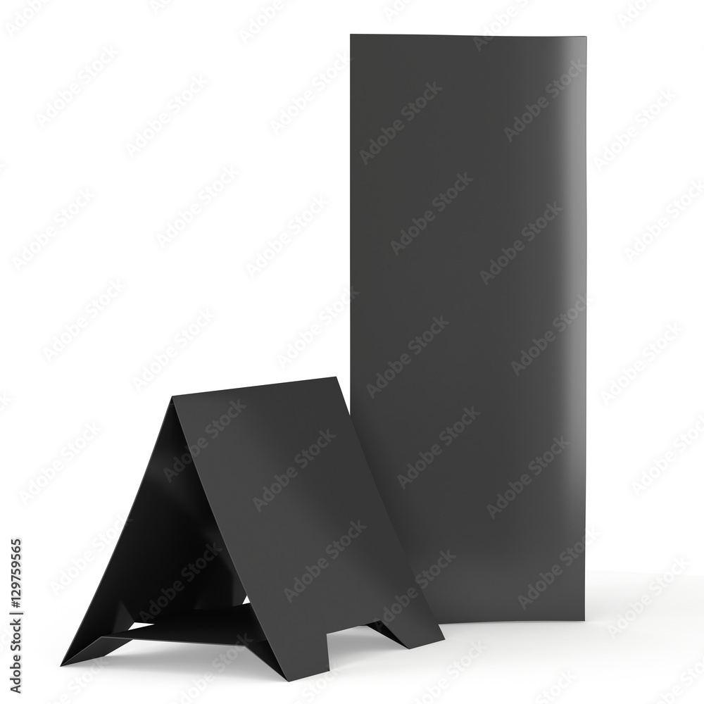 Black paper triangle tent cards. 3d render illustration isolated. Table ...