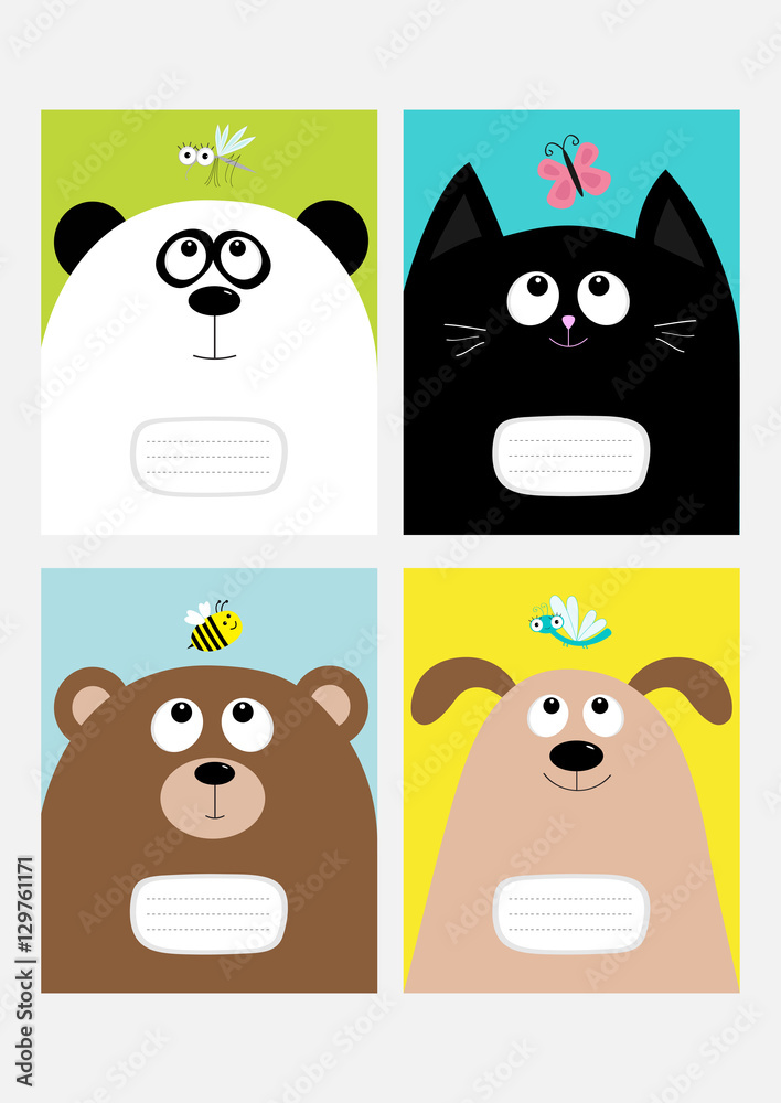 Notebook cover Composition book template set. Baby cat, panda, dog ...