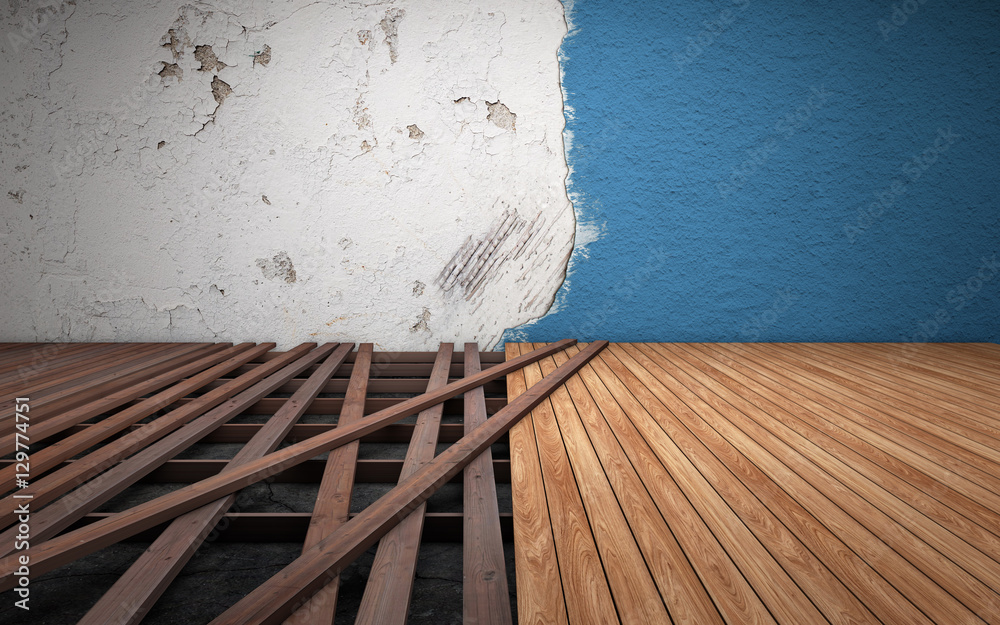 Old room repairing. Broken floor wood planks. 3d rendering Stock ...