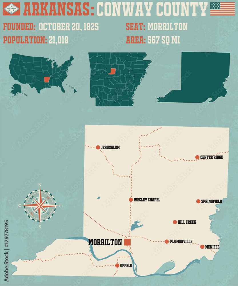Vettoriale Stock Large and detailed map of Conway County in Arkansas ...