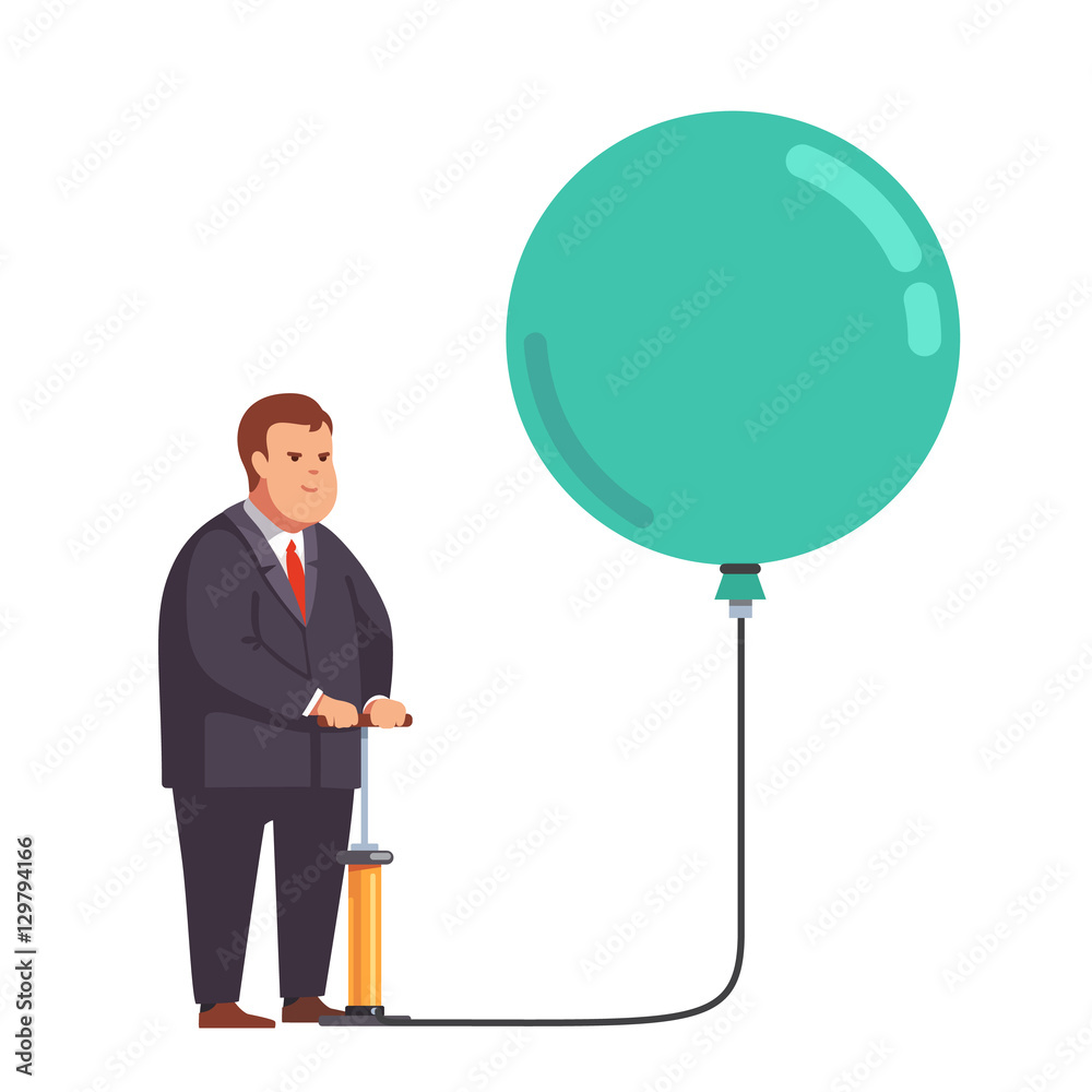 Fat businessman inflating balloon with hand pump Stock Vector | Adobe Stock