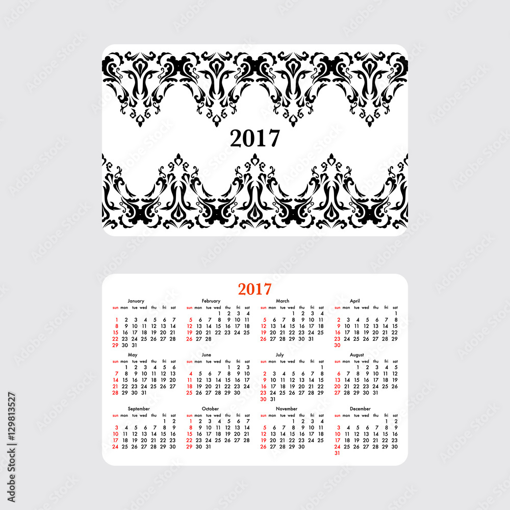 Horizontal pocket calendar for 2017 year. Week starts Sunday. Double ...