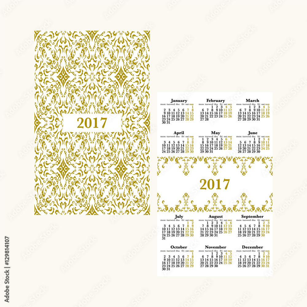 Vertical pocket calendar for 2017 year. Week starts Monday. Double ...