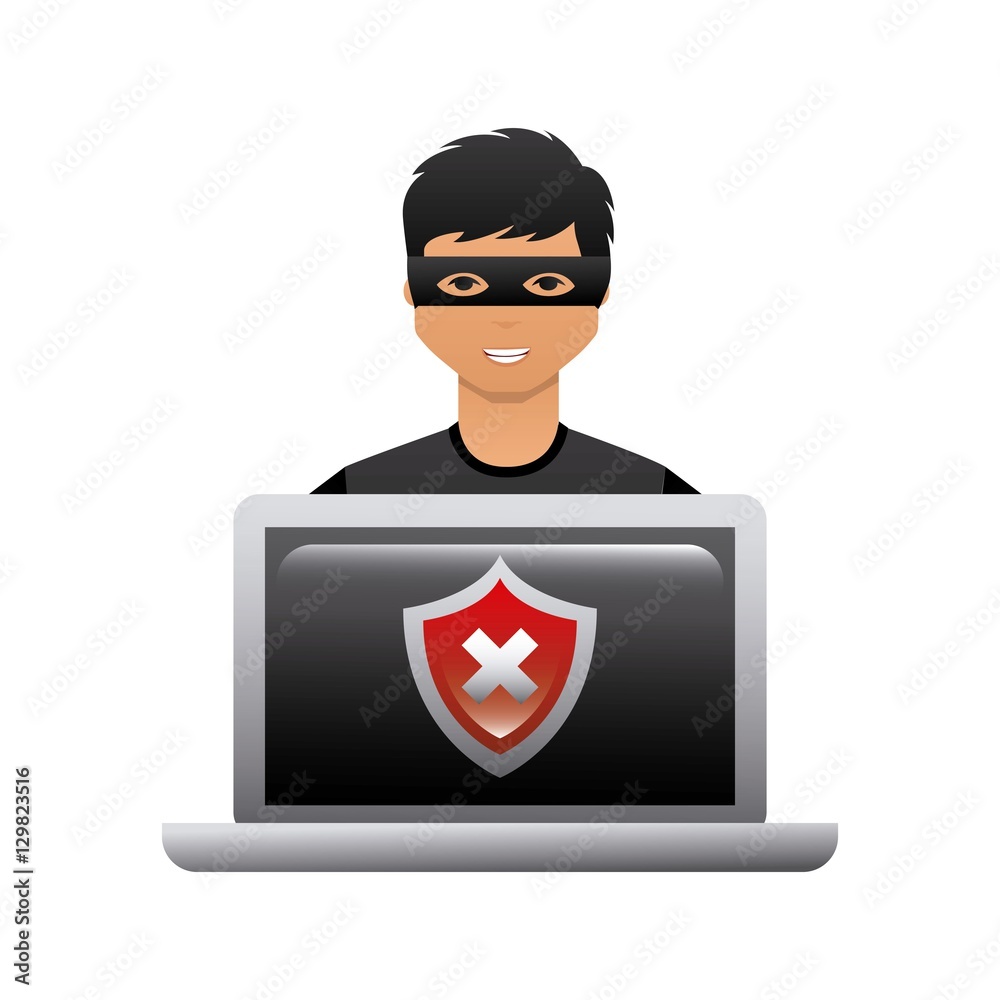 cartoon hacker man and laptop computer with wrong shield icon on screen ...