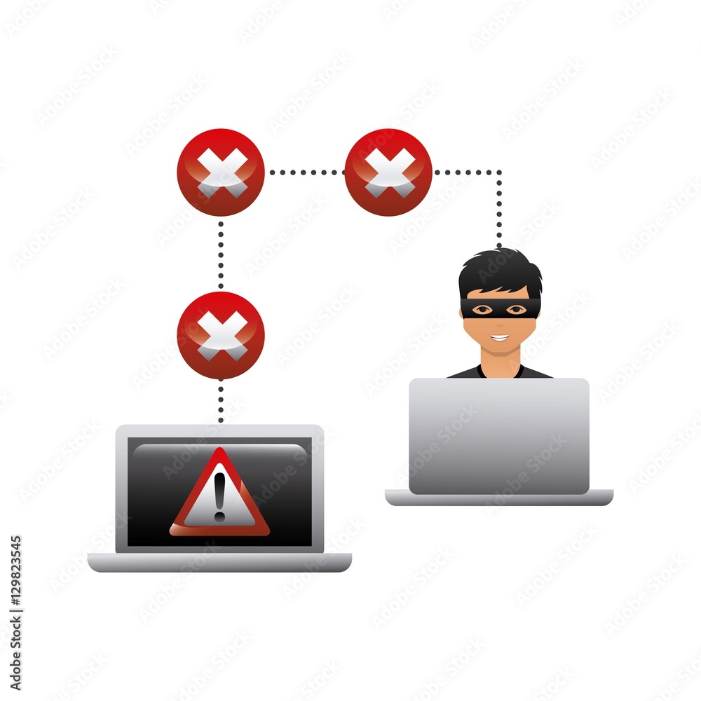cartoon hacker man with laptop computer and wrong icons around over ...