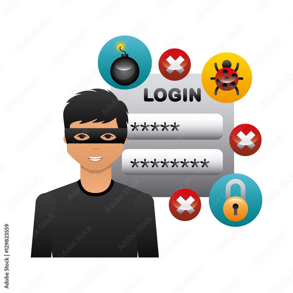 cartoon hacker man with cyber security icons around over white ...