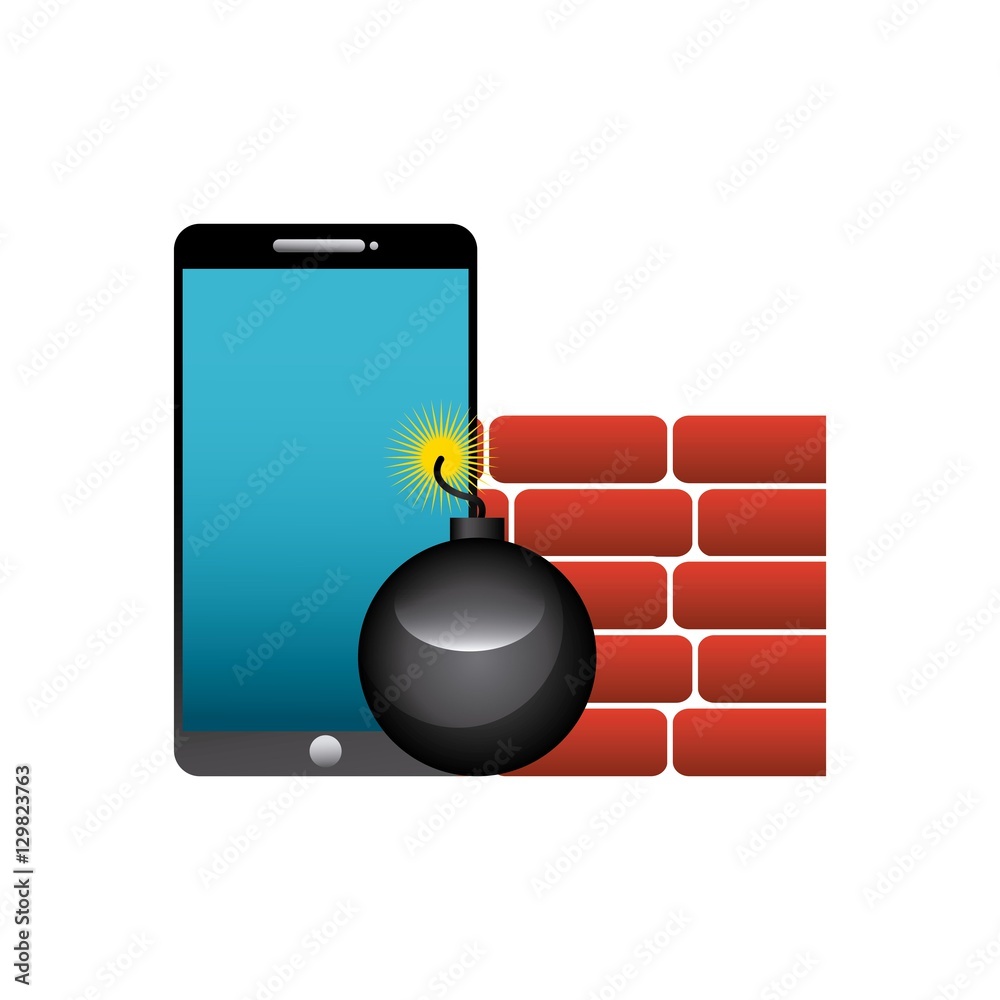 smartphone device with bomb and firewall icon over white background ...