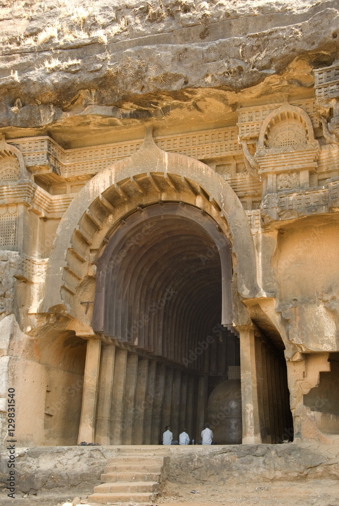 The main open chaitya (temple) in the Bhaja Caves, excavated in basalt ...