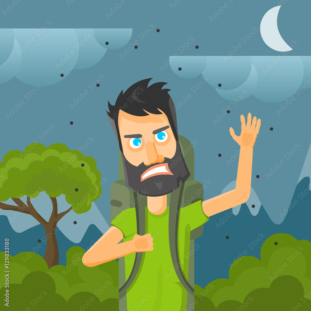 Angry tourist with large backpack and mosquitoes. Vector illustration ...