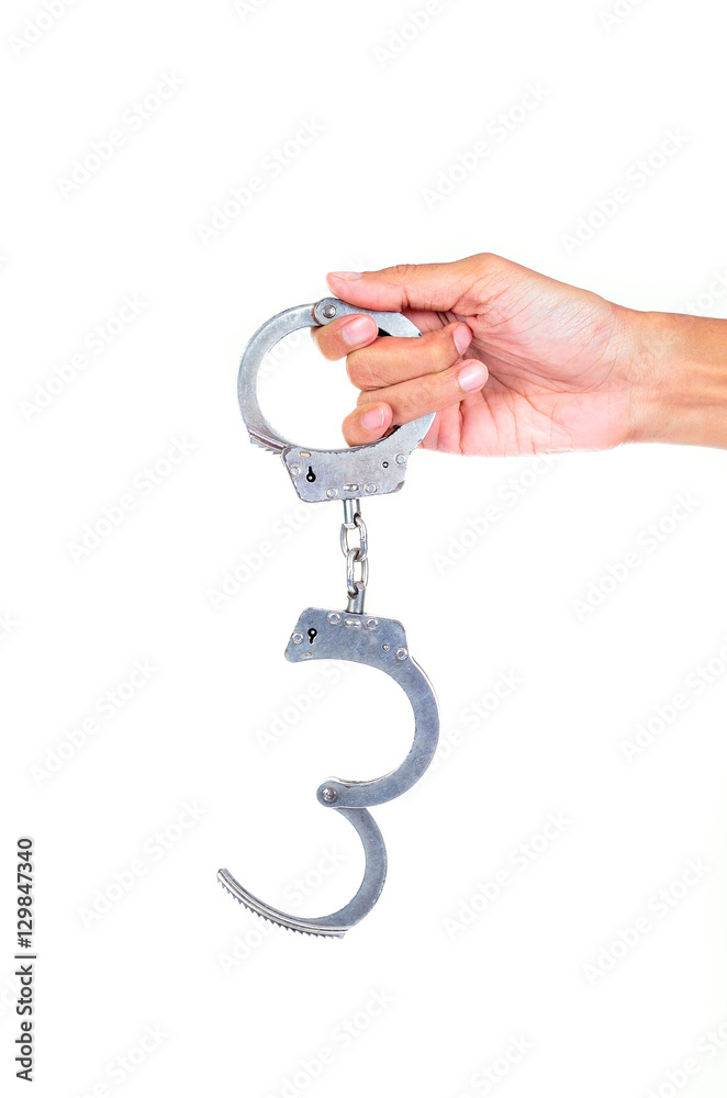 hand wearing handcuffs isolated on white background Stock Photo | Adobe ...