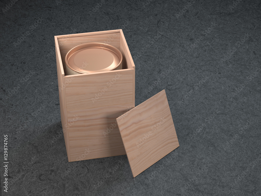 Aluminum Can in wooden Box mockup with opened lid. Canned packaging ...