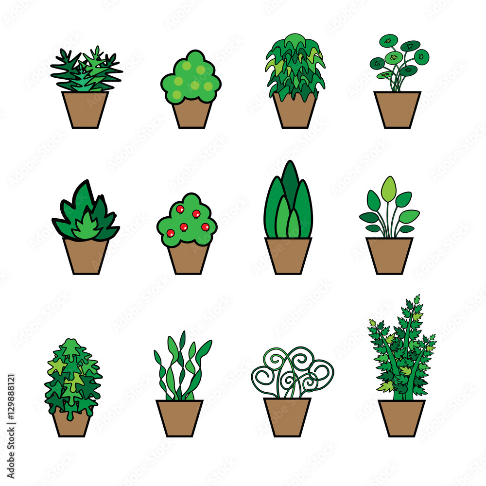 cute kid art cartoon style pot plant vector collection set vector de ...