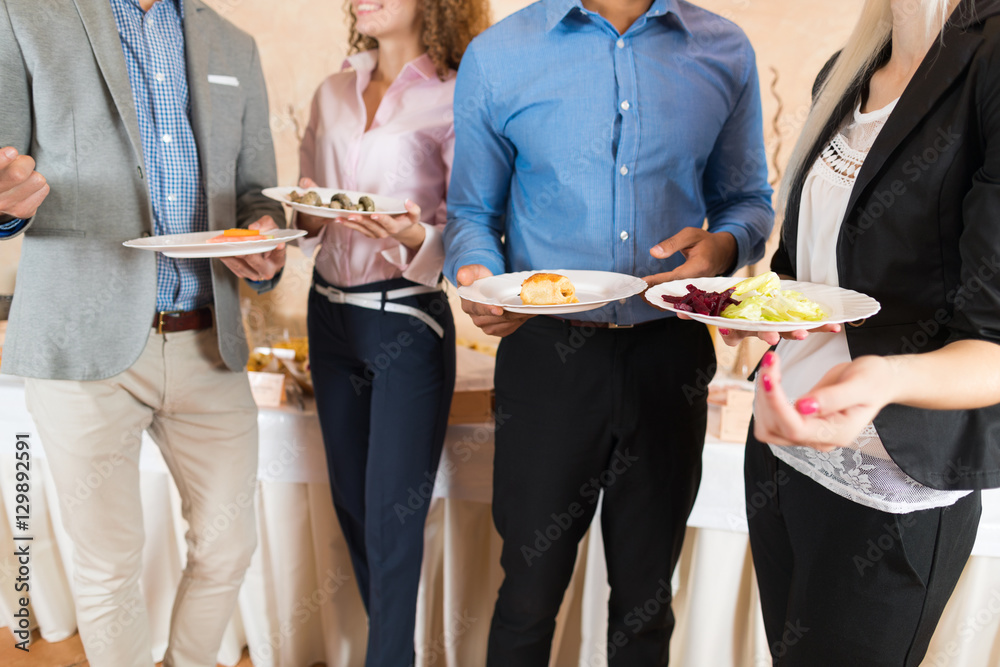 Businesspeople Group Hold Plate Catering Buffet Food Restaurant ...