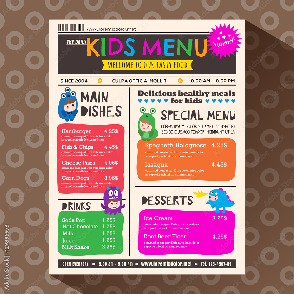 Cute colorful vibrant kids menu template in newspaper style Stock ...