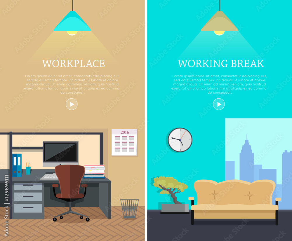 Set of Office Interior Web Banners in Flat Design Stock Vector | Adobe ...