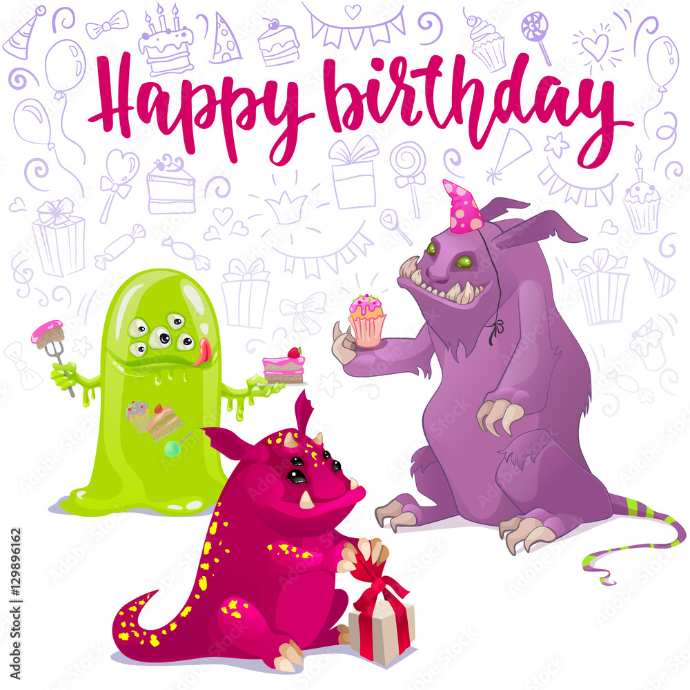 Happy Birthday monsters card. Stock Vector | Adobe Stock
