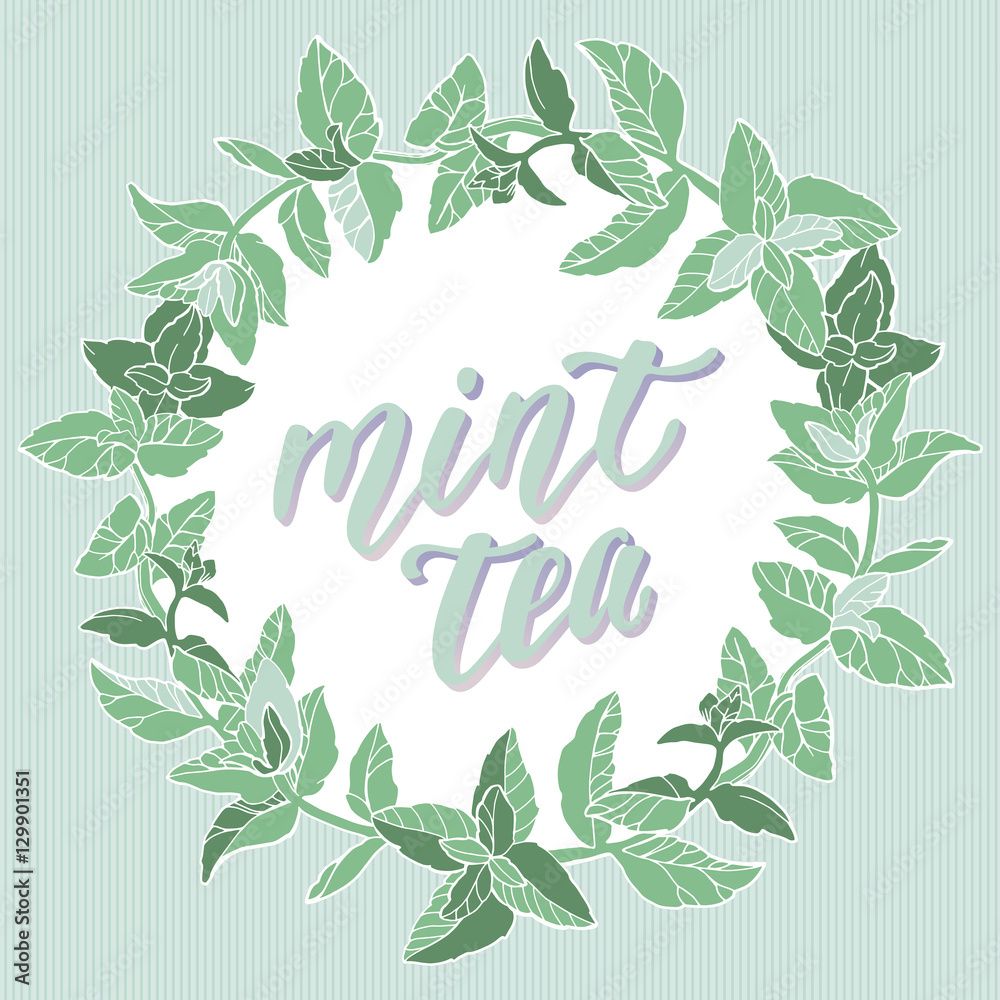 Decorative vector wreath of mint leaves and handwritten brush lettering ...