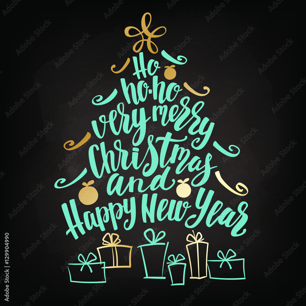 Christmas and Happy New Year tree word cloud, holidays hand lettering ...
