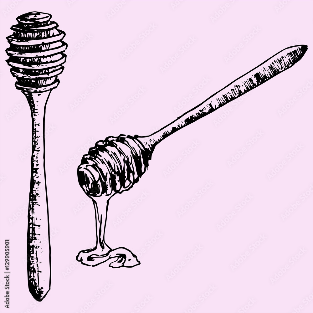 Wooden honey dipper, doodle style sketch illustration hand drawn vector ...