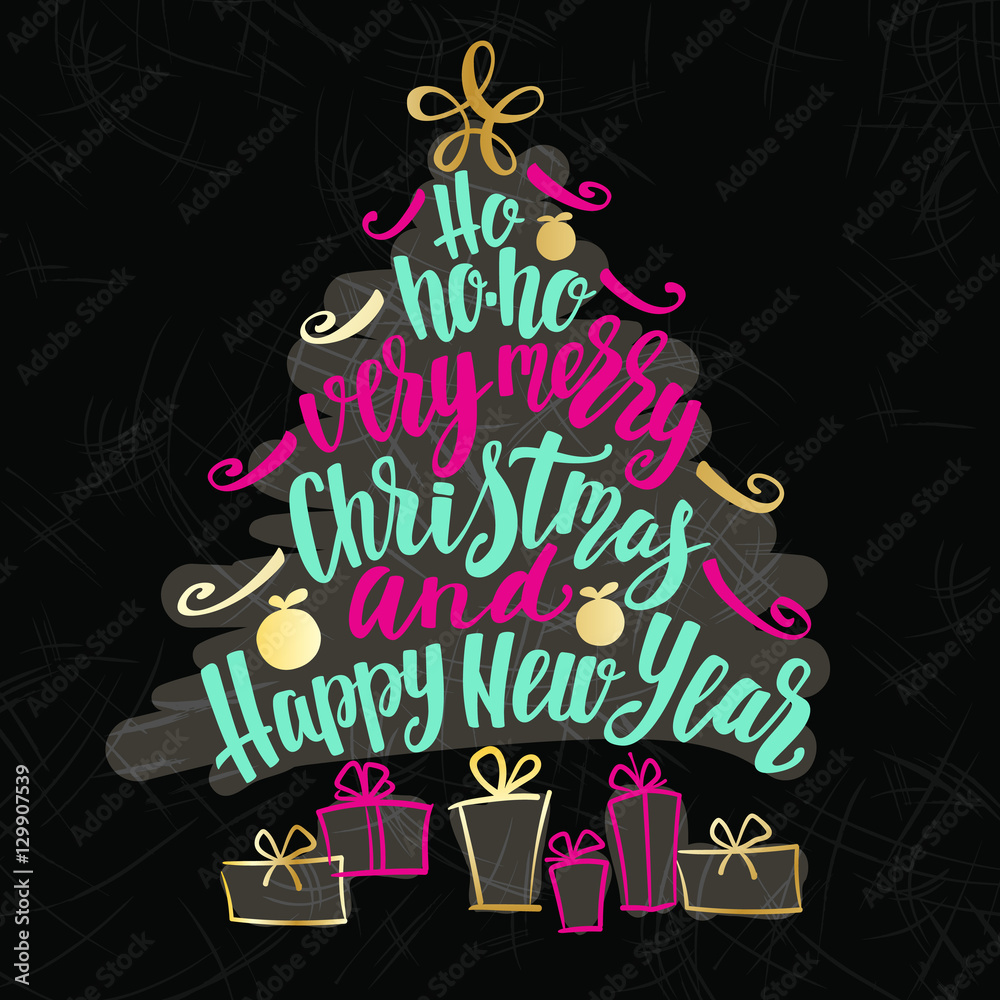 Christmas and Happy New Year tree word cloud, holidays hand lettering ...