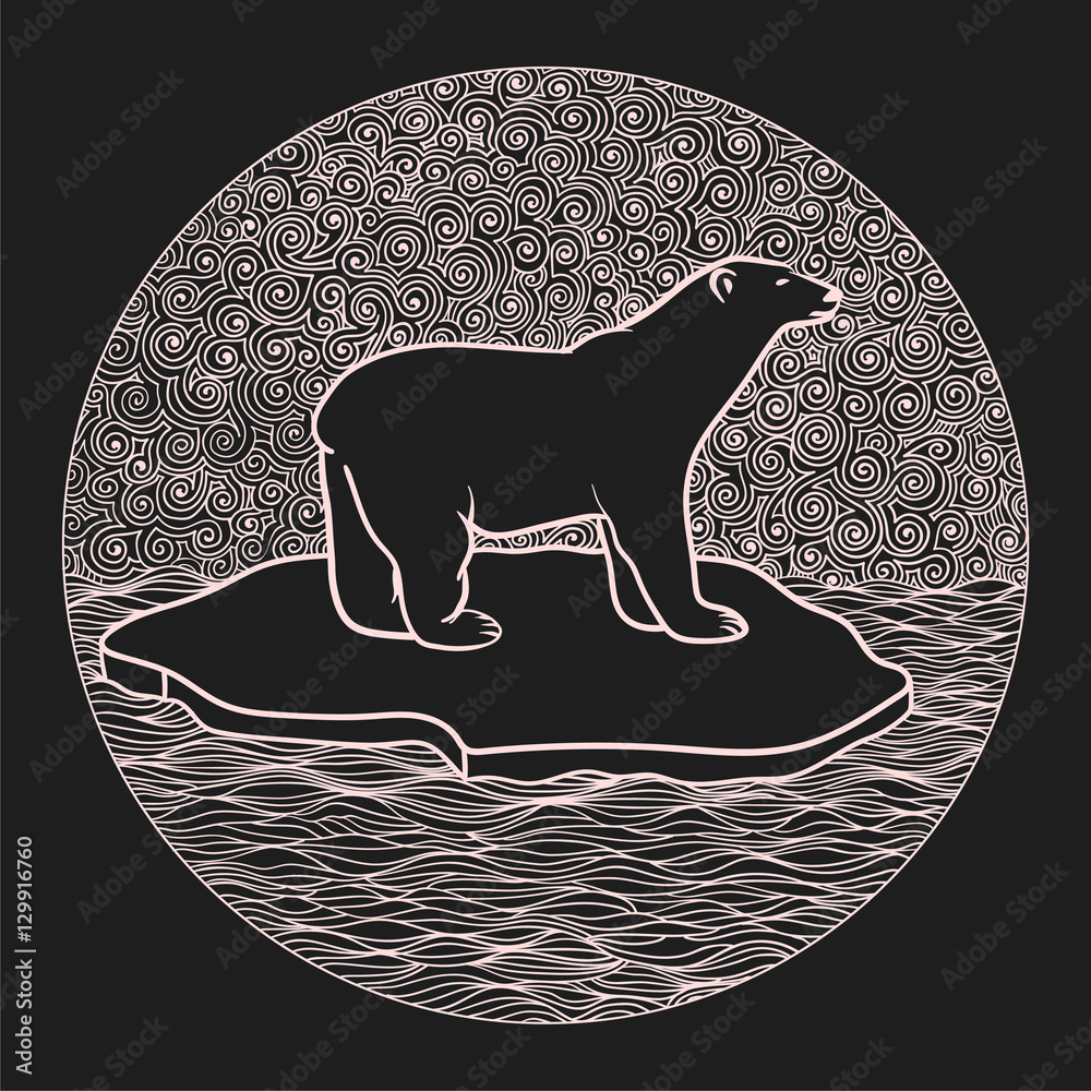 stylized Polar Bear on ice illustration in zentangle doodle style ...