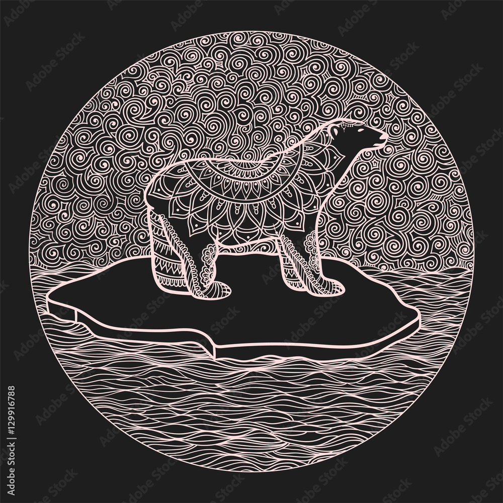 stylized Polar Bear on ice illustration in zentangle doodle style ...