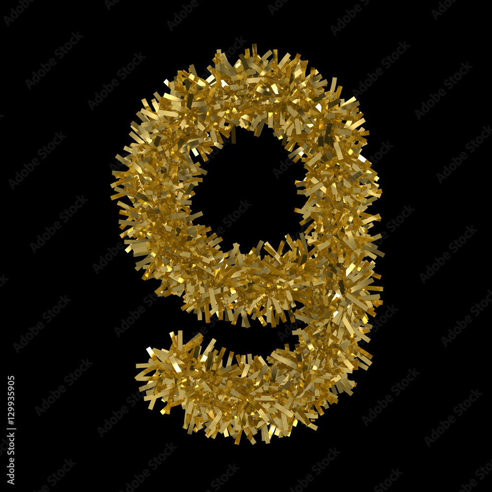 Number Nine made from Gold Christmas Tinsel Isolated on Black - 3D ...