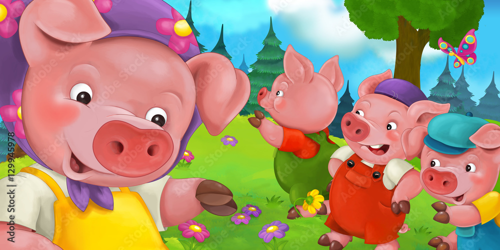Cartoon scene with mother pig and kids - illustration for children ...
