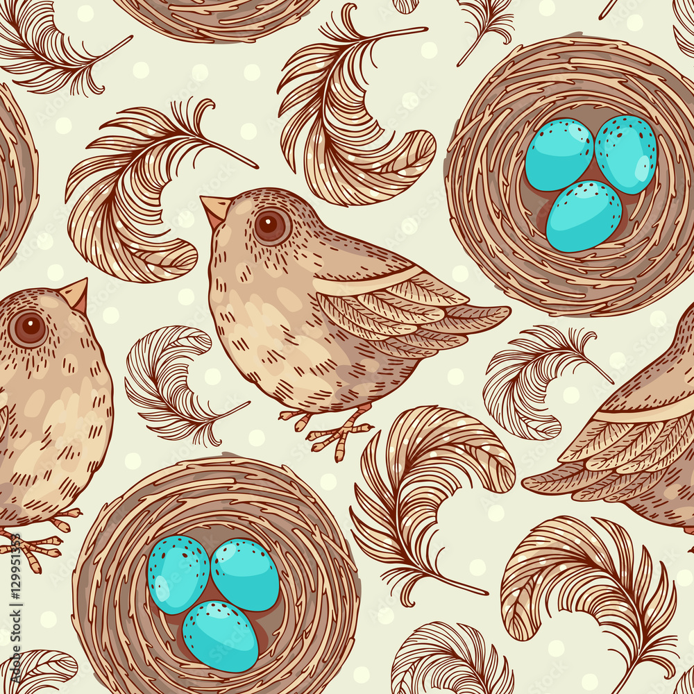 Seamless pattern with birds and nest. Freehand drawing Stock Vector ...