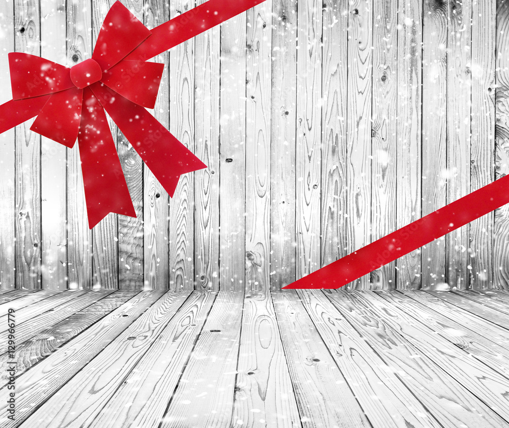 Wood table top on red bow background, use for display of your pr Stock ...