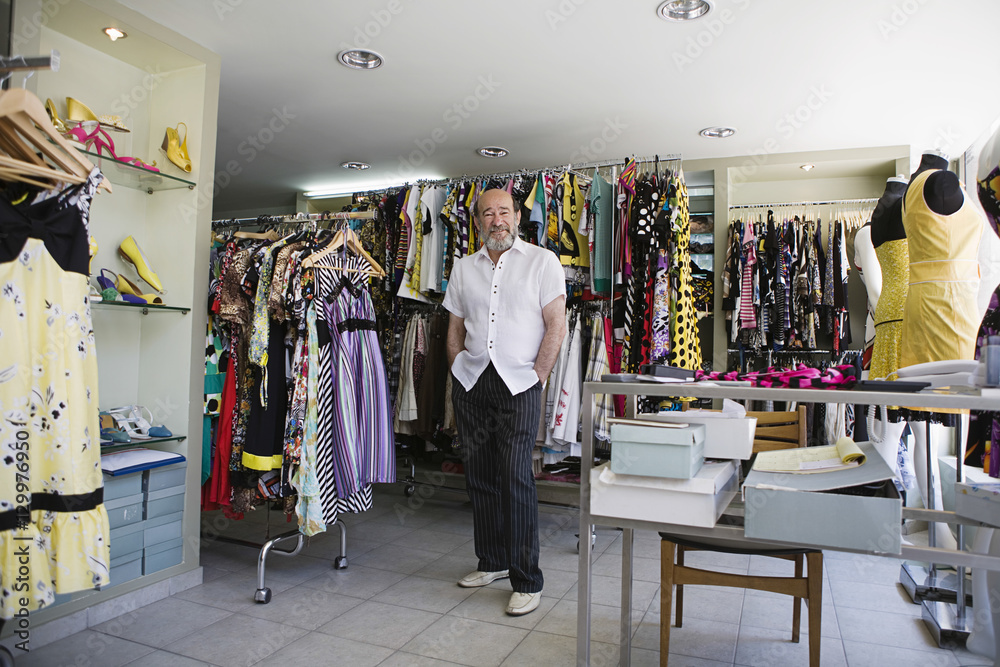 Full length portrait of a smiling male owner in clothing store Stock ...