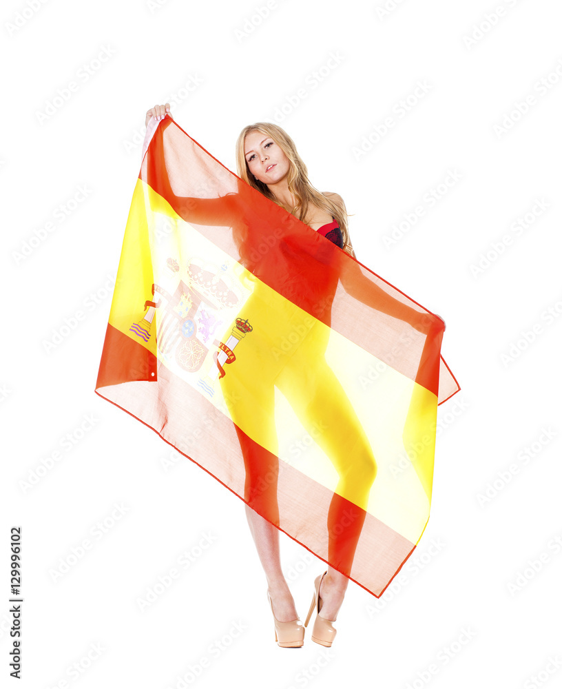 Young woman holding a large transparent Spanish flag Stock Photo ...