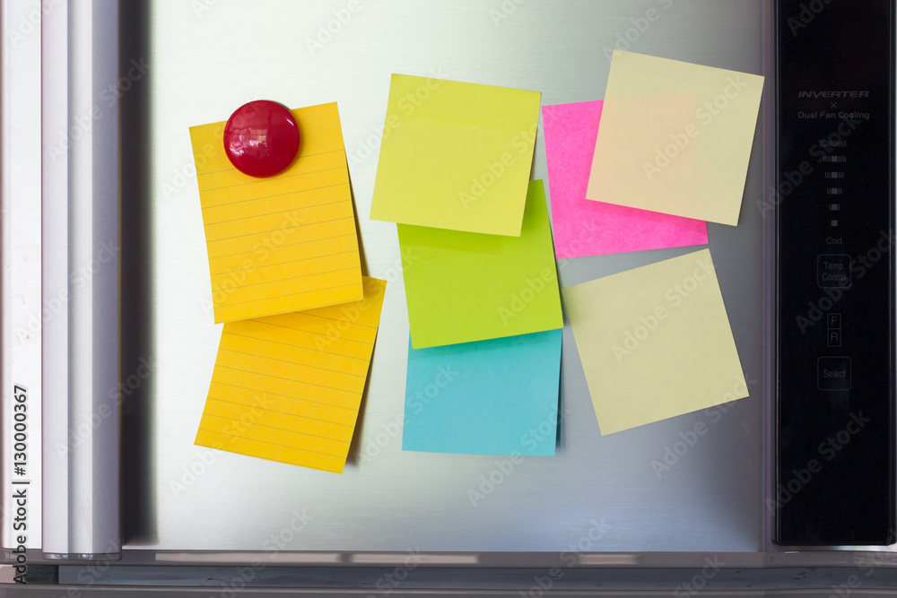 Abstract of Blank paper and post-it on refrigerator door. Stock Photo ...