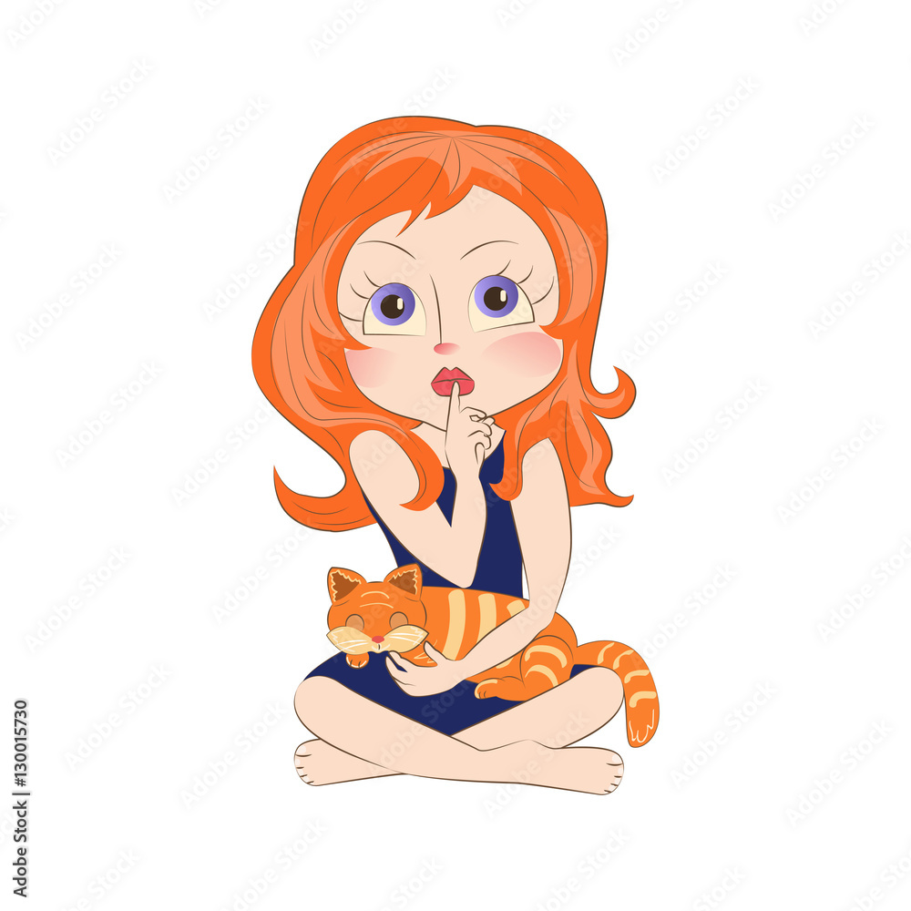 Cute little girl with sleeper kitty say hush, cartoon character for ...