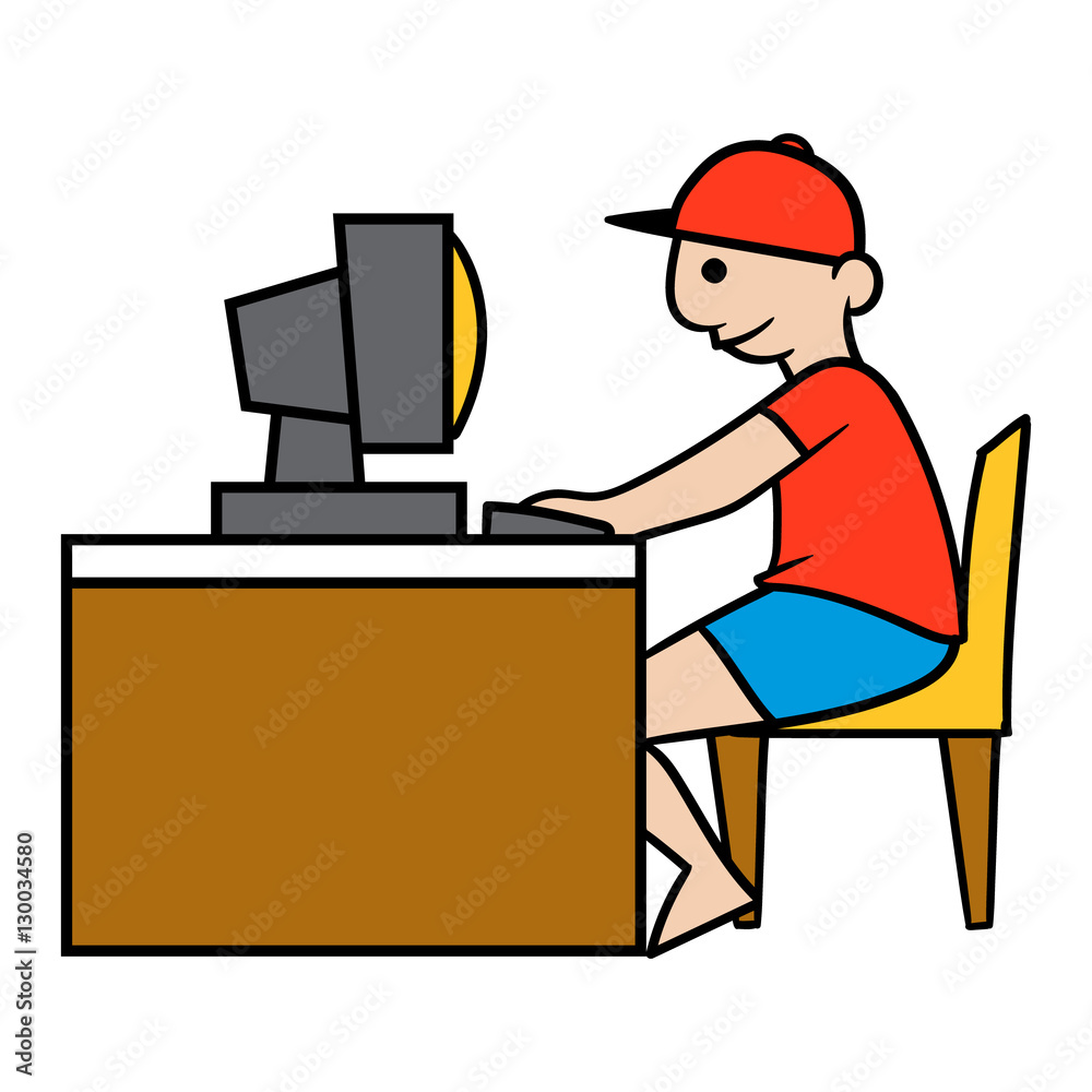 Cartoon Kid on Computer Vector Illustration Stock Vector | Adobe Stock