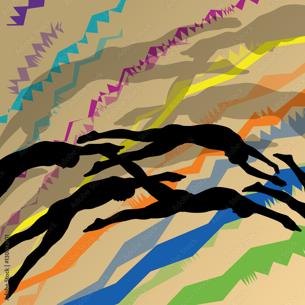 Swimmers diving and swimming in water sport pool silhouettes vec Stock ...