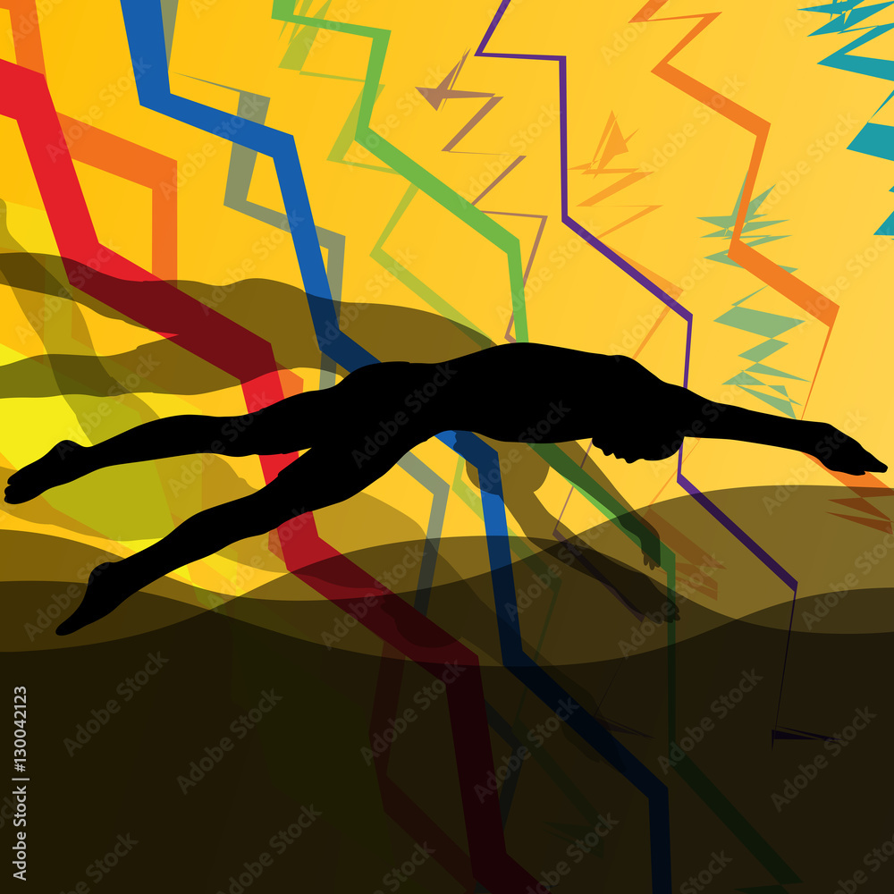 Swimmers diving and swimming in water sport pool silhouettes vec Stock ...