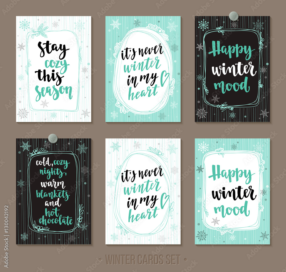 Set winter and holidays greeting cards with handwritten brush ...