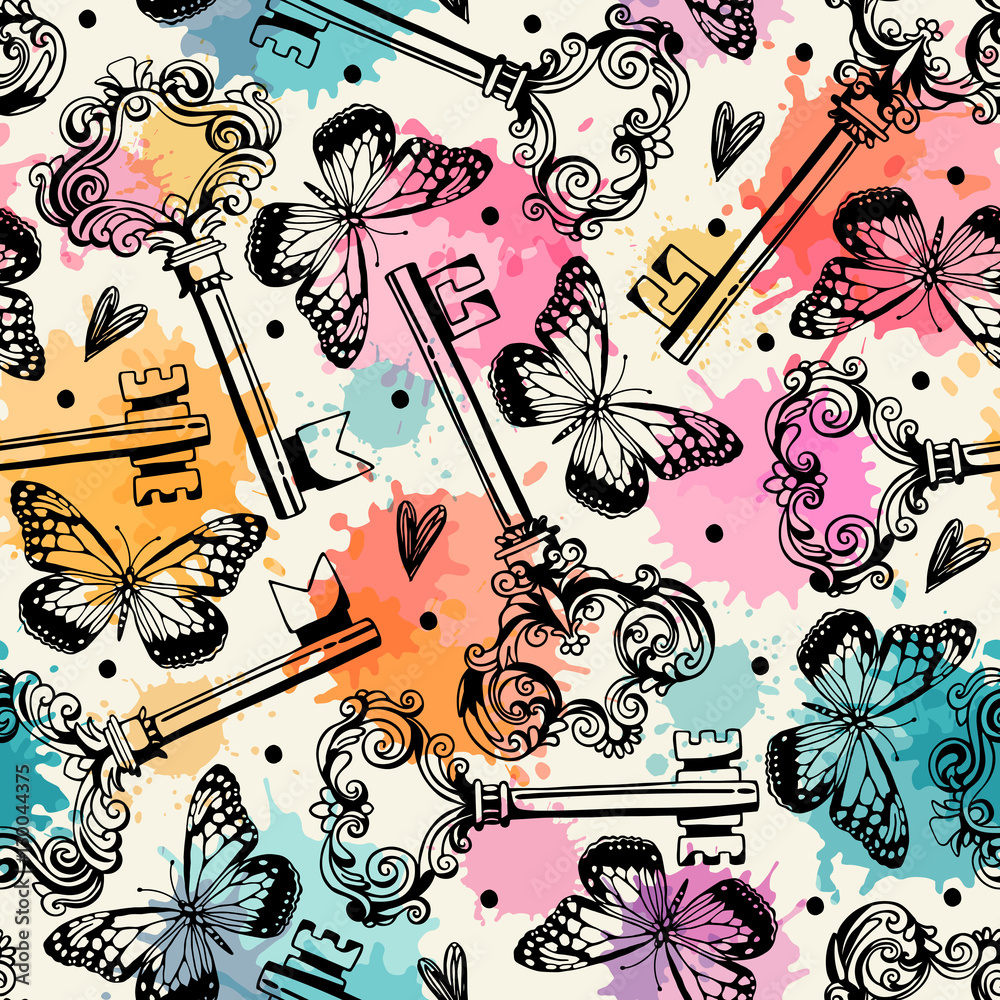 Seamless pattern with keys and butterflies. Freehand drawing vector de ...