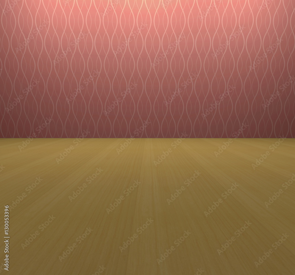 3d interior rendering of pink wallpaper and wooden floor background ...