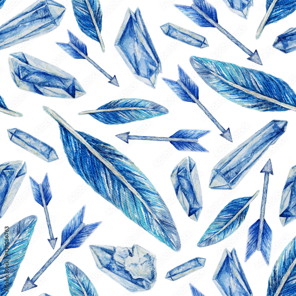 hand painted watercolor seamless pattern with blue feathers, crystals ...