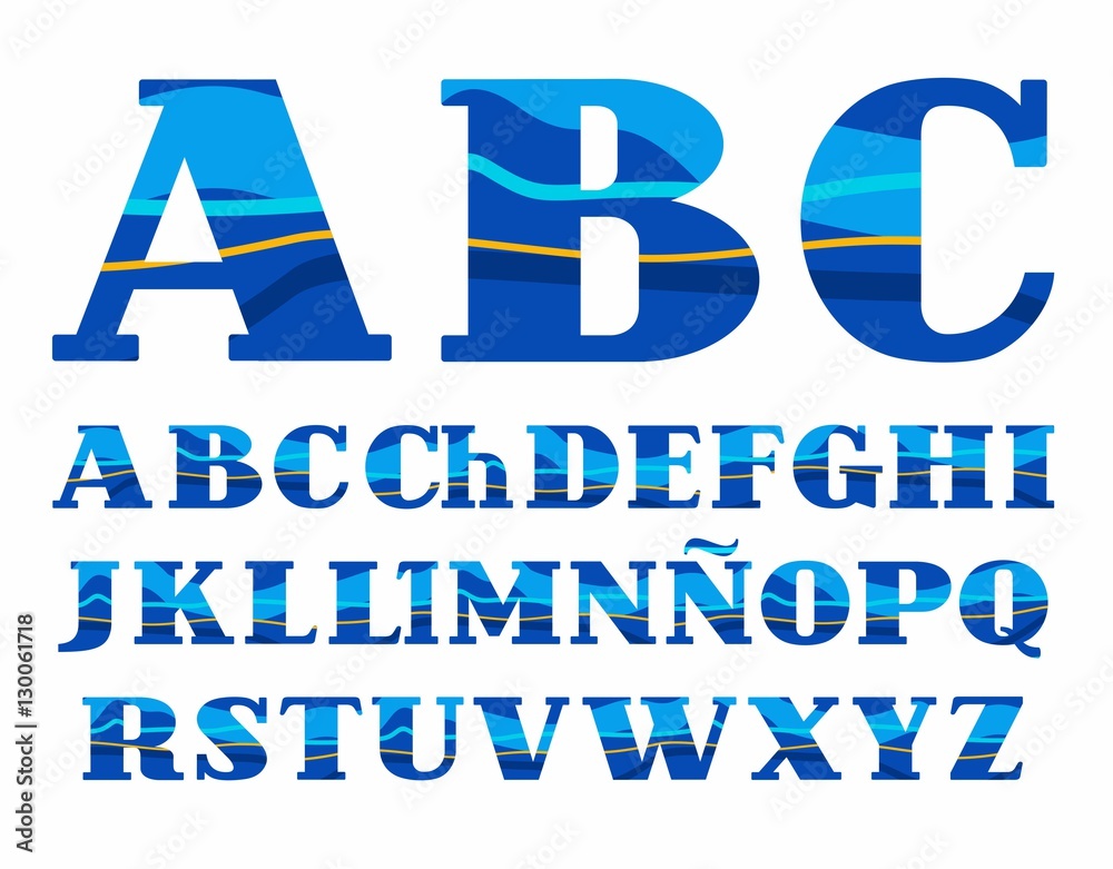 Spanish alphabet, Aqua, vector font, capital letters. Vector colorful ...